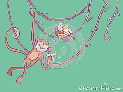 Monkey And Parrots On Creepers Vector Illustration In Cartoon Style ...