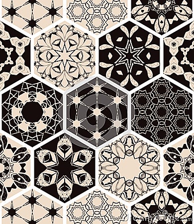 Monochrome Oriental Seamless Patchwork Pattern. Hexagonal Ceramic Tile. Boho Shic Style. Vector ...