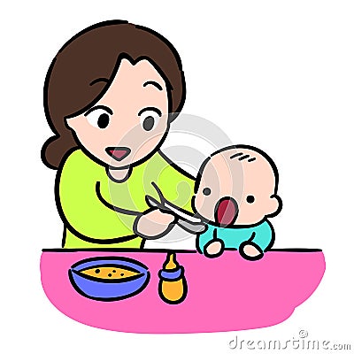 Mother Feeding Her Baby By Spoon Cartoon Vector | CartoonDealer.com ...