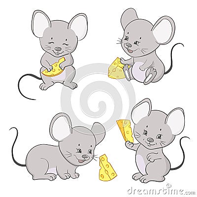 Mouse With Cheese Vector Illustration. Set Of Cute Little Mice ...