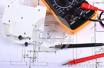 Multimeter And Electric Fuse On Construction Drawing Stock Photo ...