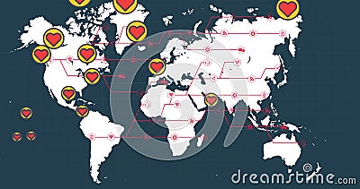 Multiple Heart Icons Over World Map Against Blue Background Royalty ...