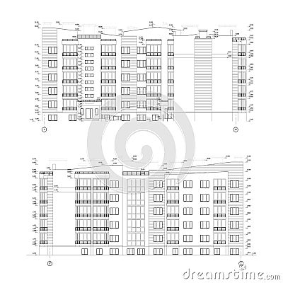 Multistory Building Facades, Detailed Architectural Technical Drawing ...