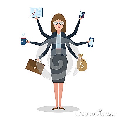 Multitasking Woman Standing On White. Cartoon Vector | CartoonDealer ...