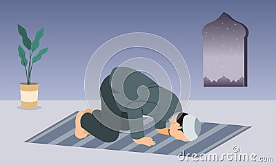 A Muslim Man In Prostration Prayer Position On Prayer Mat. Cartoon ...