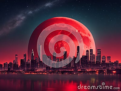 A Mysterious City With A Big Red Moon Royalty-Free Stock Image ...