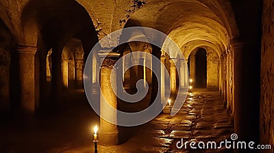 Mysterious Medieval Catacombs With Flickering Torchlight And Shadows ...
