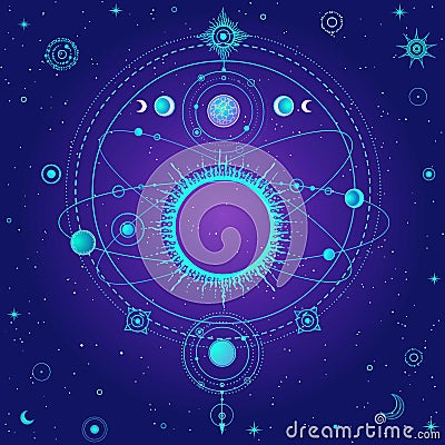 Mystical Drawing: Stylized Solar System, Moon Phases, Orbits Of Planets ...