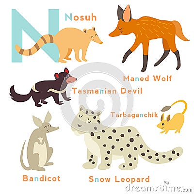 N Letter Animals Set. English Alphabet. Vector Illustration ...