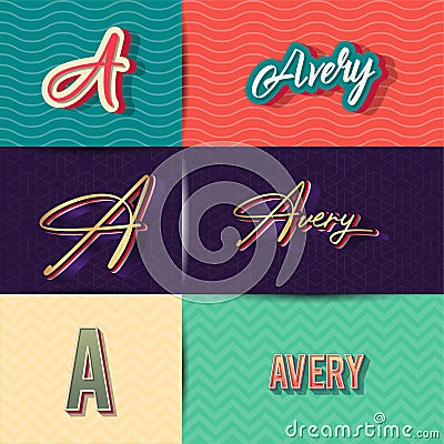 Name Avery In Various Retro Graphic Design Elements, Set Of Vector ...