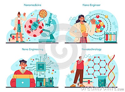 Nano Engineering Set. Scientists Work In Laboratory With Nanoparticle ...