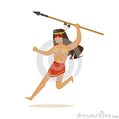 Native American Indian In Loincloth Running With Spear Vector ...