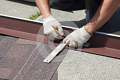 Natural Roof Tile Instaalation. Roofer Builder Worker Marks The ...