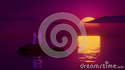 Neon Couple in Love at Sunset on a Synthwave Ocean Background, Seamless ...