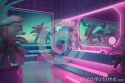 Neon Lightened Hotel Lobby In Synthwave Style. Blue And Purple Hotel ...