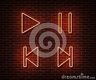 Neon Player Button Signs Vector Isolated On Brick Wall. Play, Pause ...