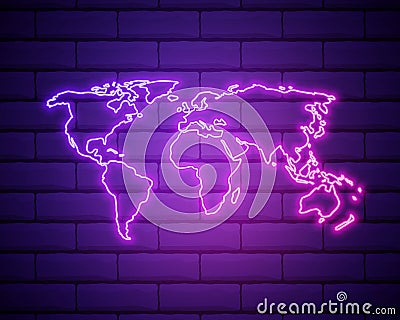 Neon World Map. Vector Illustration . Neon World Map Isolated On Brick ...