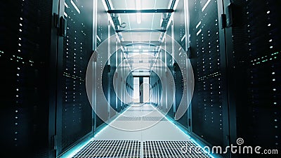 Network and Data Servers Behind Glass Panels in a Server Room of a Data ...