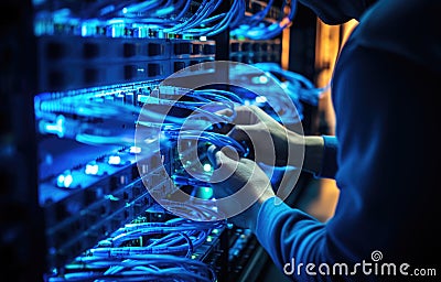 A Network Engineer Hands Clipping A Blue Ethernet Cable Stock Photo ...