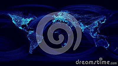 Network Lines Lighting Up World Map 4K. Blue Version. Very Detailed ...