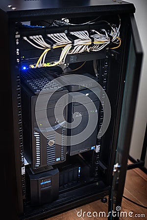 Network Server, Switch And Routers. Many Wires Connect Internet Servers ...