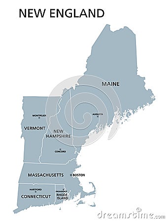 New England Region Of The United States Of America, Gray Political Map ...