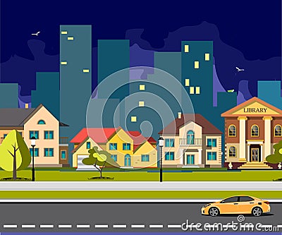 Night City Cartoon With Road. Vector Illustration | CartoonDealer.com ...