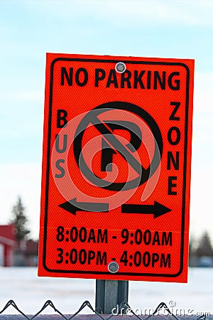 No Parking In Bus School Zone Sign With Applicable Hours Stock Photo ...