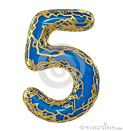 Number Five 5 Made Of Golden Shining Metallic With Blue Paint Isolated ...