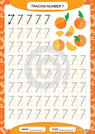Number 7. Seven . Tracing Worksheet For Kids. . Juicy Orange. Preschool ...