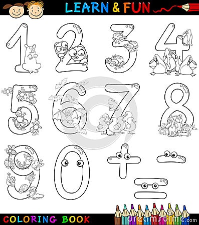 Numbers With Cartoon Animals For Coloring Vector Illustration ...
