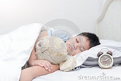 Obese Fat Boy Sleep And Hug Teddy Bear On Bed, Stock Photography ...