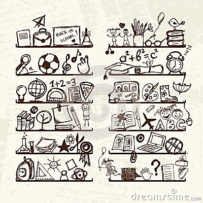 Objects For School On Shelves, Sketch Drawing For Stock Photography ...