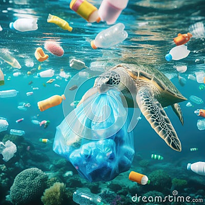 Turtle Finds Ocean Plastic Waste Stock Image | CartoonDealer.com #298512889