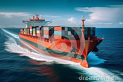 Oceanic Cargo Transport, Large Container Vessel Ship In Motion At Sea ...