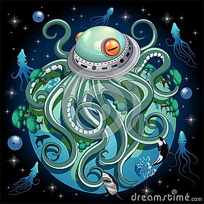 Octopus Alien Spaceship Fantasy Creature Floating In Surreal Space ...