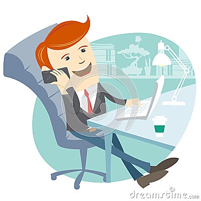 Office Man Sitting At His Working Desk With Phone Stock Vector - Image ...