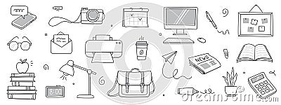 Office Work Doodle Set. Office Computer, Work Desk, Notebook Doodle ...