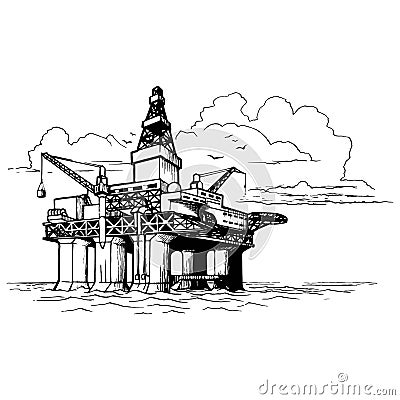 Offshore Oil Drilling Platform. Sketch Style Drawing Isolated On A ...