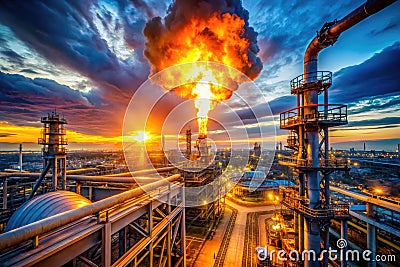 Oil Refinery Flare Stack Fire Release Pressure Relief System In Action ...