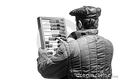 Old Fashioned Bearded Man Counts On Retro Abacus, Studio Shot ...
