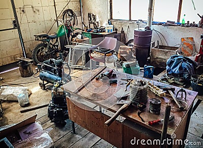 Old Messy Mechanics Workshop With Different Types Of Scattered Tools ...