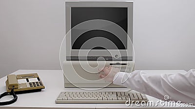 Old Pc is Slapped To Turn on Green Screen Vintage Computer 4k Stock ...