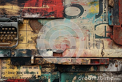 Old Typewriter And Collage Of Lettering On A Wood Surface In Background ...