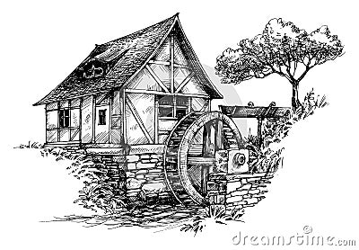 Old Water Mill Sketch Stock Vector - Image: 61184364