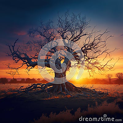 An Old, Withered Branched Oak In Field On Sunset. Generative AI Royalty ...