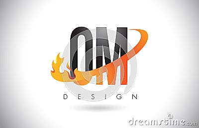 OM O M Letter Logo With Fire Flames Design And Orange Swoosh. Cartoon ...