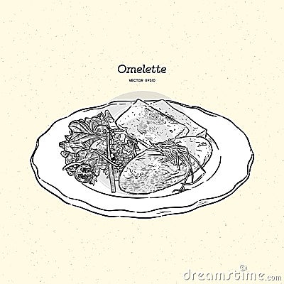 Omelette With Cheese , Salad And Toasts. Breakfast, Hand Draw Sketch ...