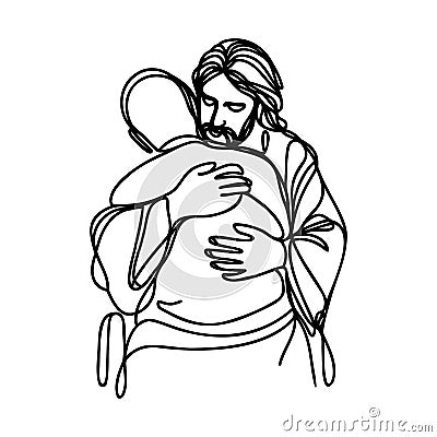 One Continuous Line Draws Jesus Hugging A Sinner Cartoon Vector ...