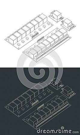 One And Eight Channel Relays Isometric Blueprints Vector Illustration ...